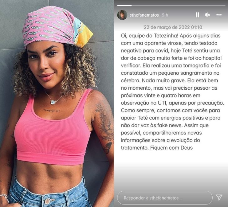 Sthe Matos passa mal, vai para a UTI e descobre sangramento no cérebro